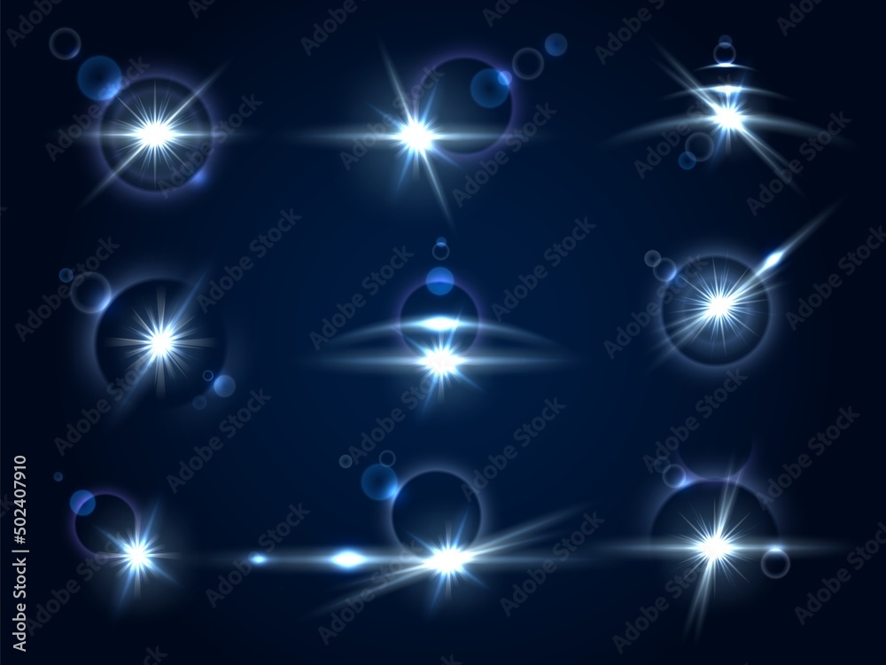 Realistic lens flare effects. Sunshine reflexes. Optical abstract ...