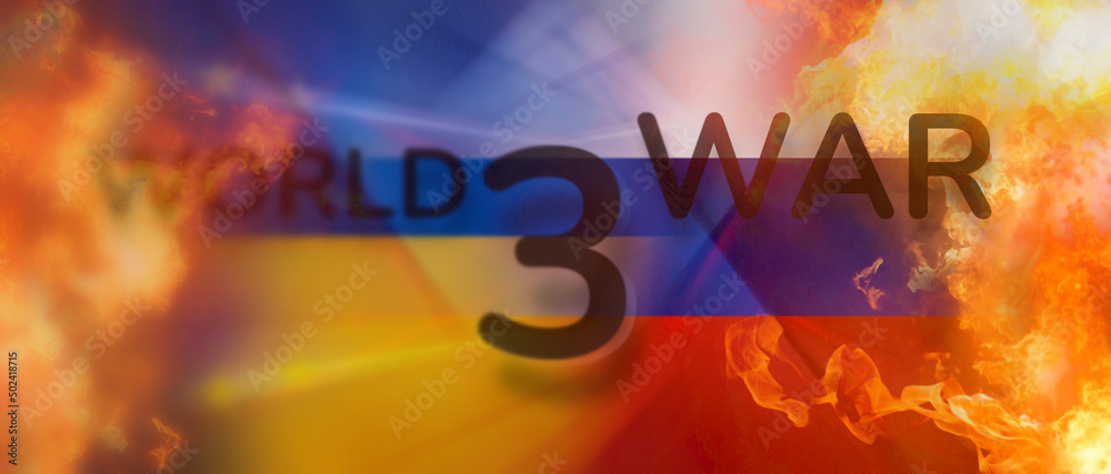 abstract blurred symbolic World War 3 background with flag of Ukraine ...