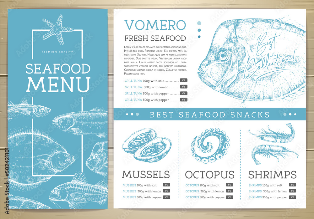 Seafood restaurant menu design with hand drawing fish. Vector ...