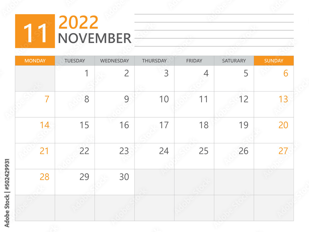 November 2022 template, Calendar planner 2022, week start on Monday ...