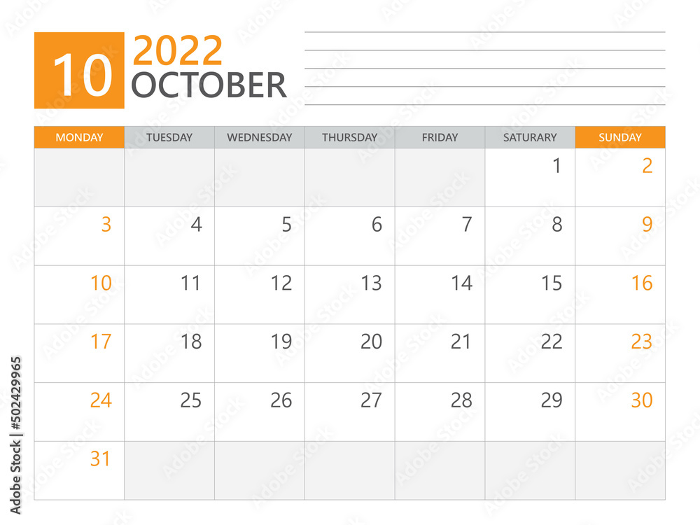 October 2022 template, Calendar planner 2022, week start on Monday ...