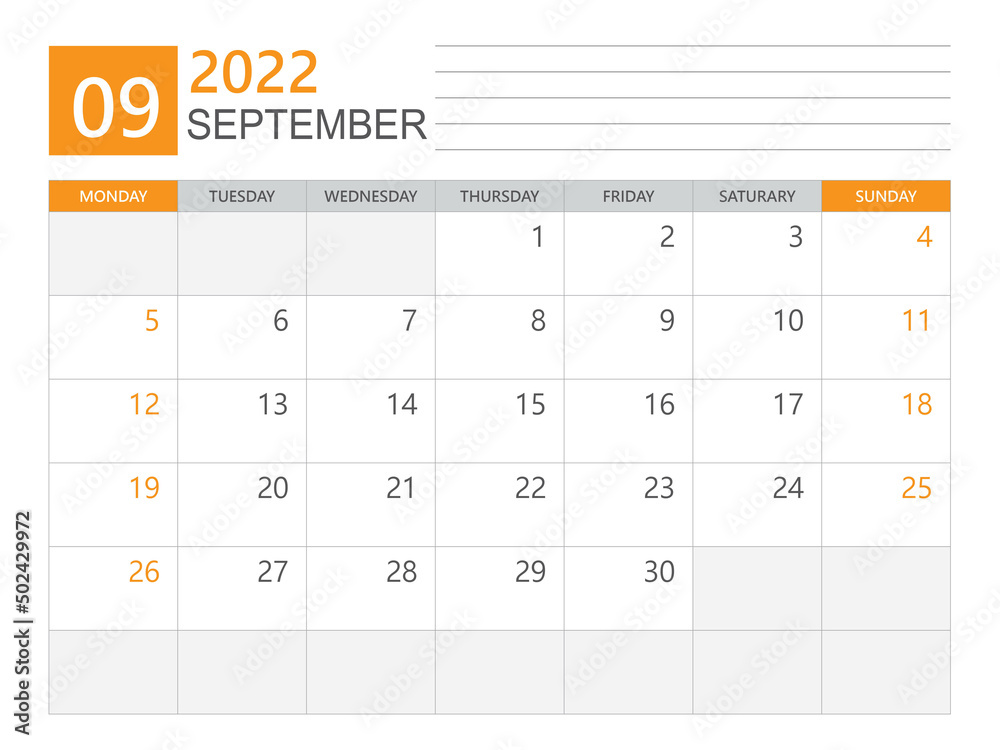 September 2022 template, Calendar planner 2022, week start on Monday ...