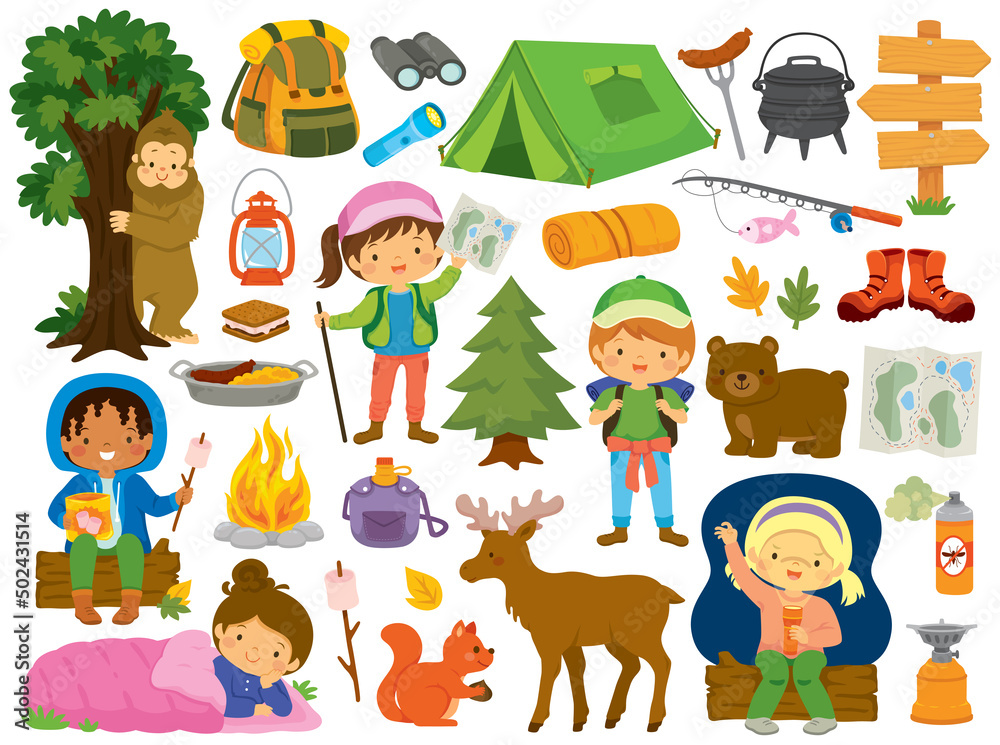 Camping clipart set. Summer camp items with kids, camping gear and ...