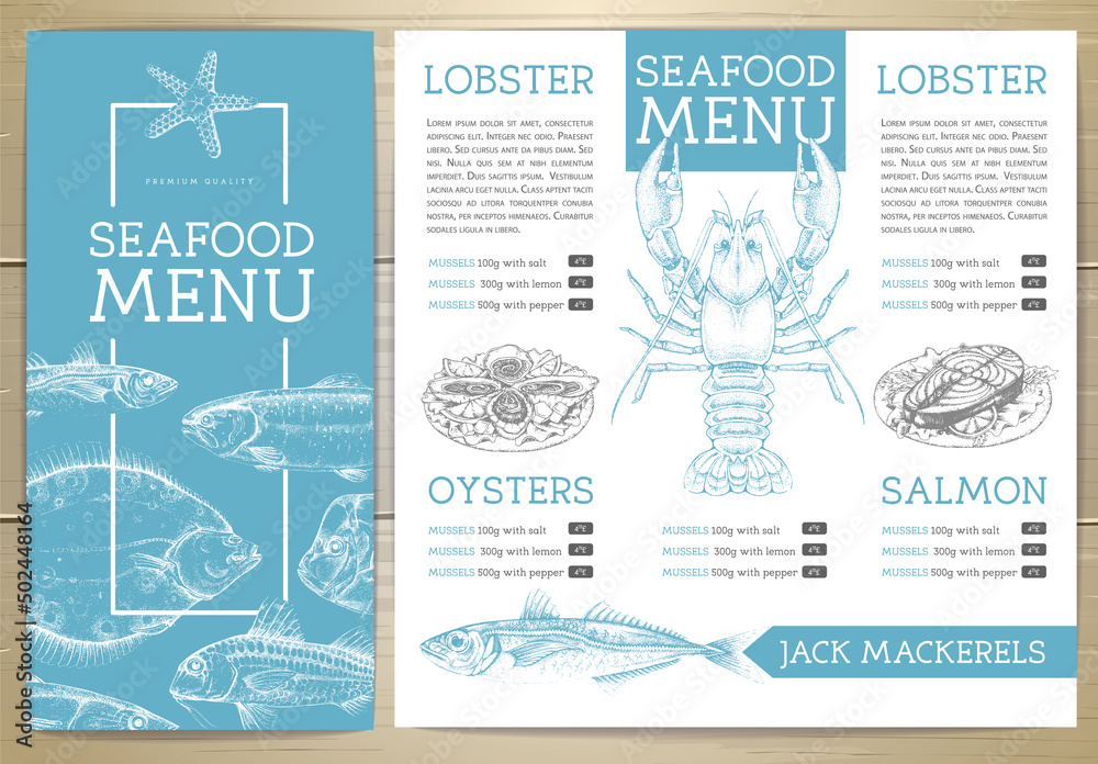 Seafood restaurant menu design with hand drawing fish. Vector ...