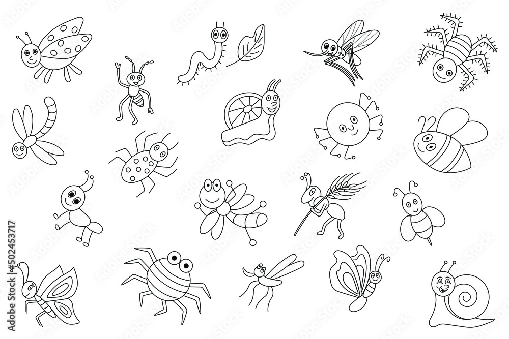 set of cartoon insects with black outline Stock Vector | Adobe Stock
