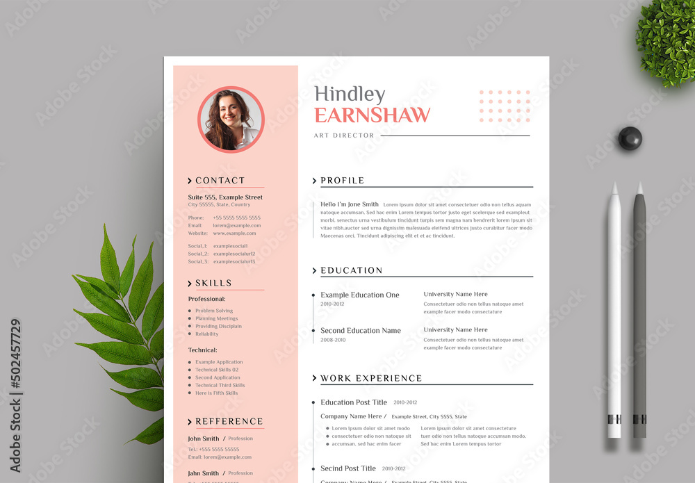 Resume Layout with Pink Accents Stock Template | Adobe Stock
