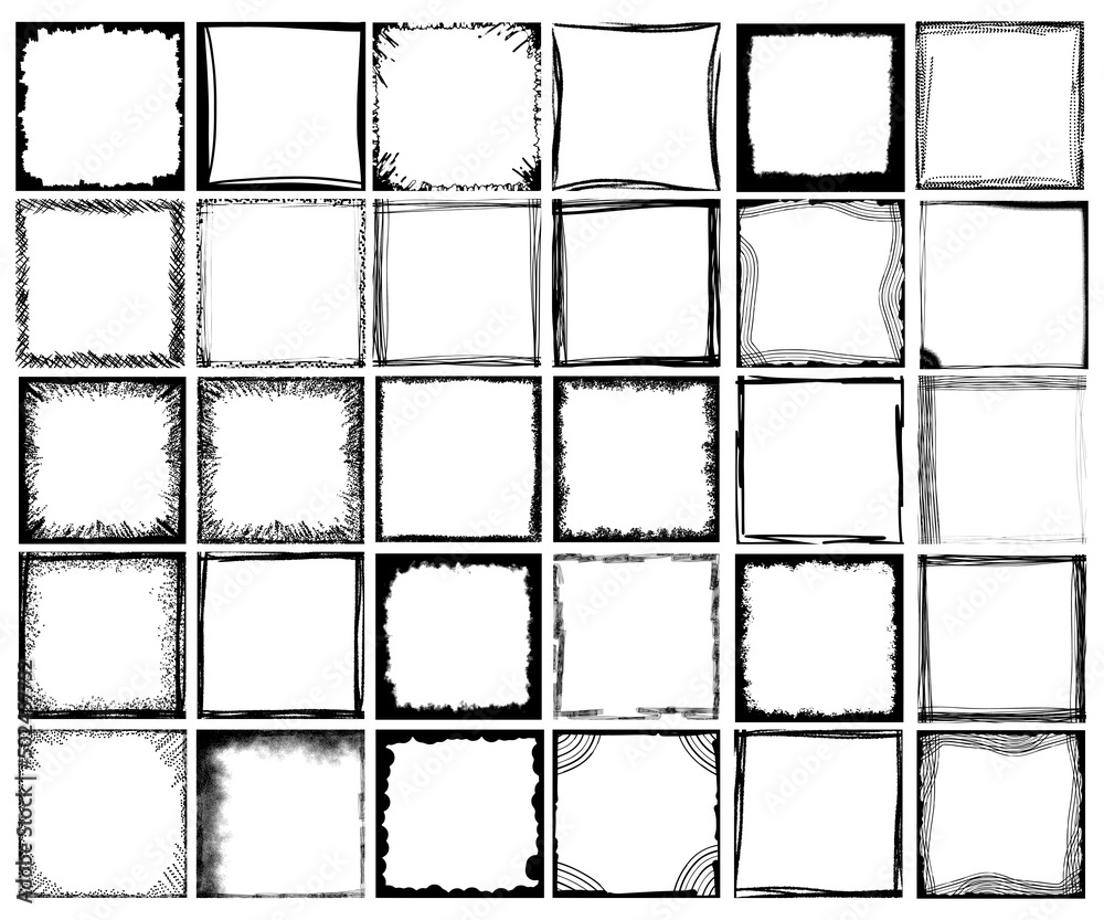 Grunge drawing stroke frames. Dirty overlay and distress border frame ...