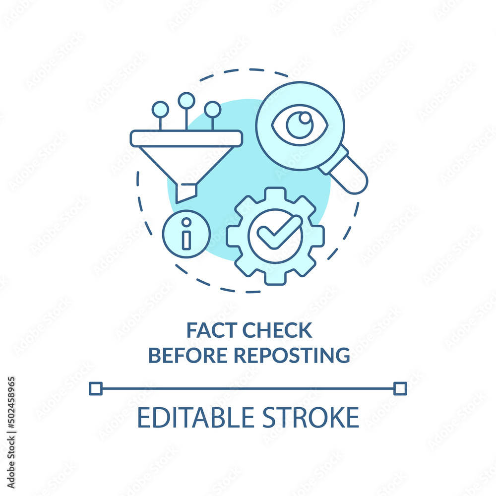 Fact check before reposting turquoise concept icon. Online ...