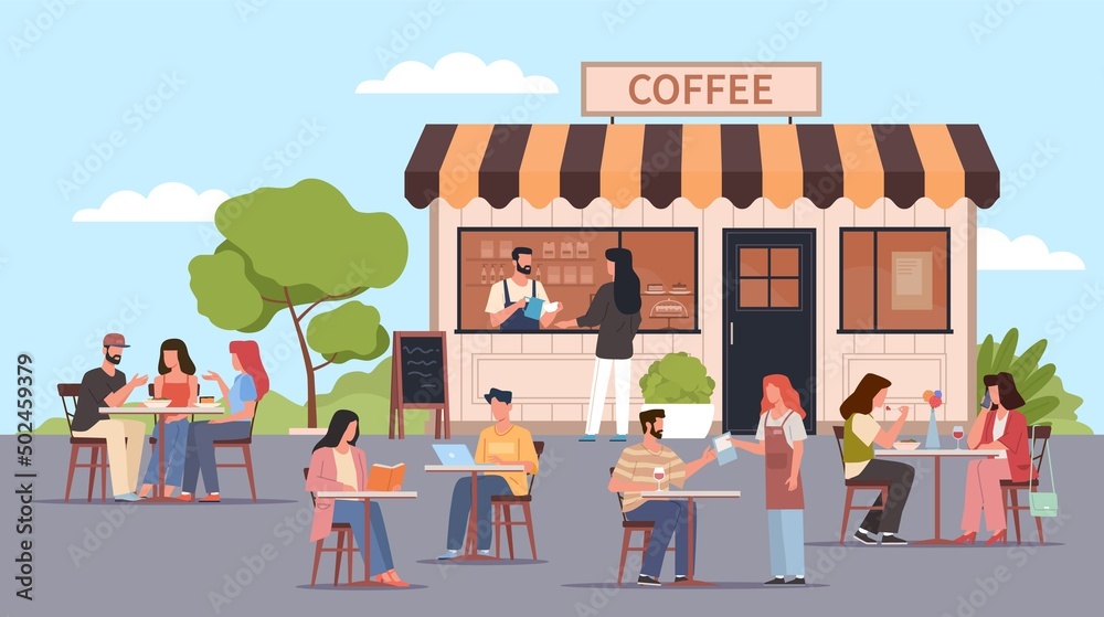 Cafe outdoor visitors. People in summer restaurant, customers sitting ...