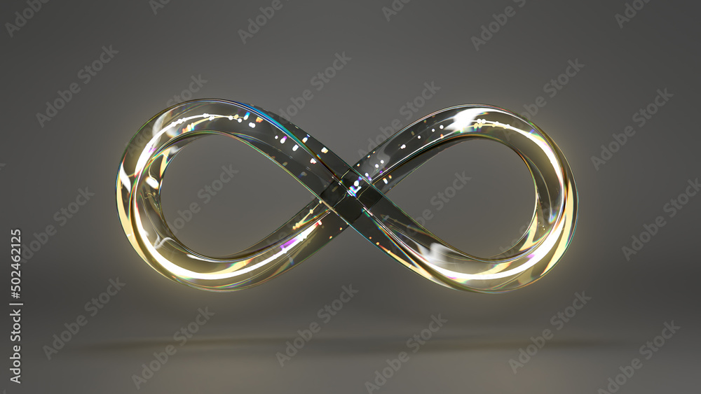 3d render Glass Infinity symbol with neon gold in loop animation with ...