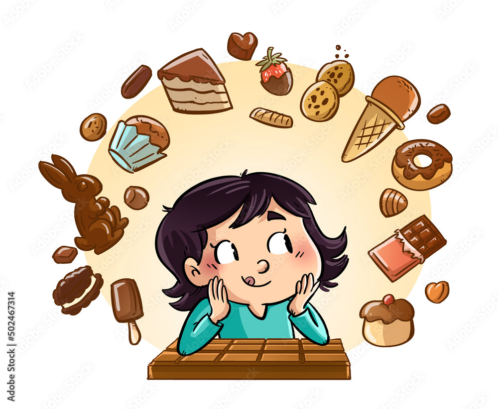 illustration of little girl surrounded by chocolate candies Stock ...