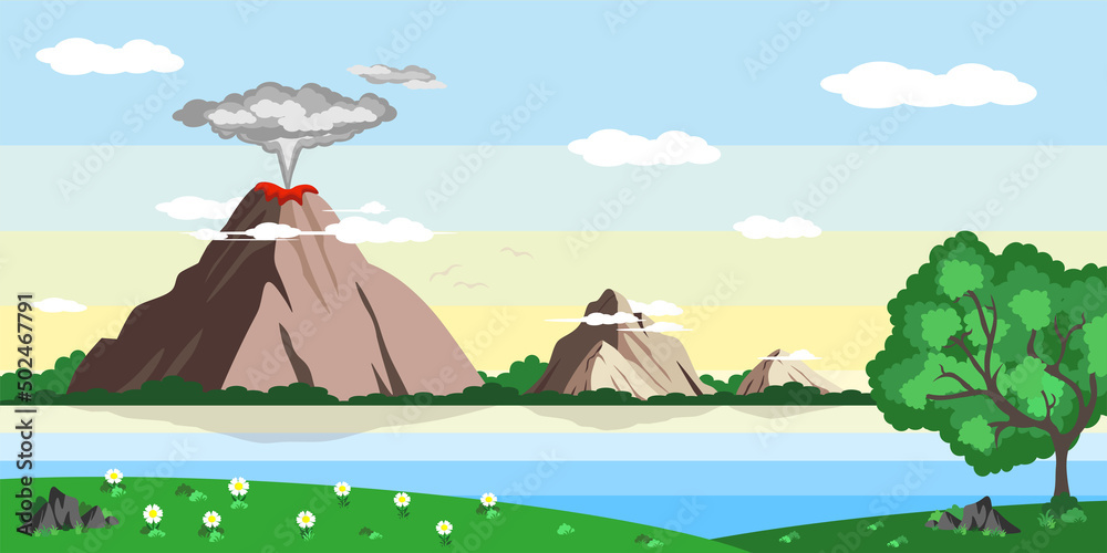 Vector illustration of hot volcanoes. Cartoon landscape volcano and ...
