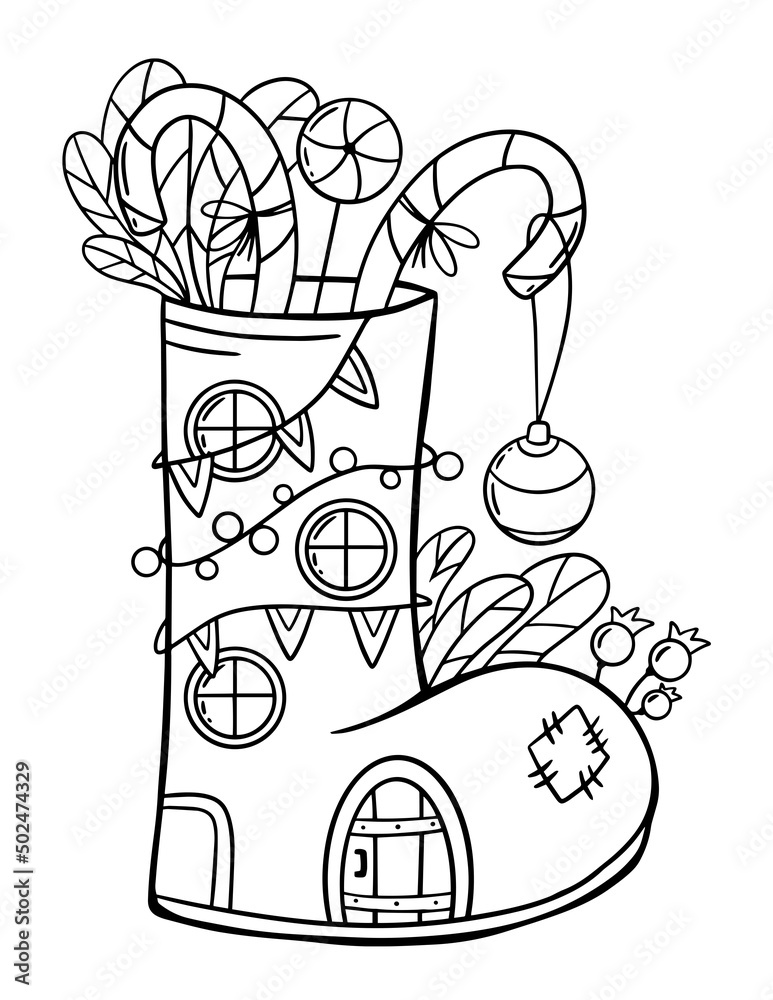Magic Christmas boot house coloring page. Outline winter illustration ...