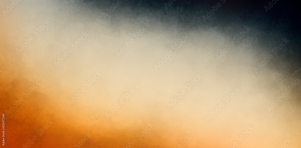 Dark blue and orange background. Abstract beige or white smoke fog or ...