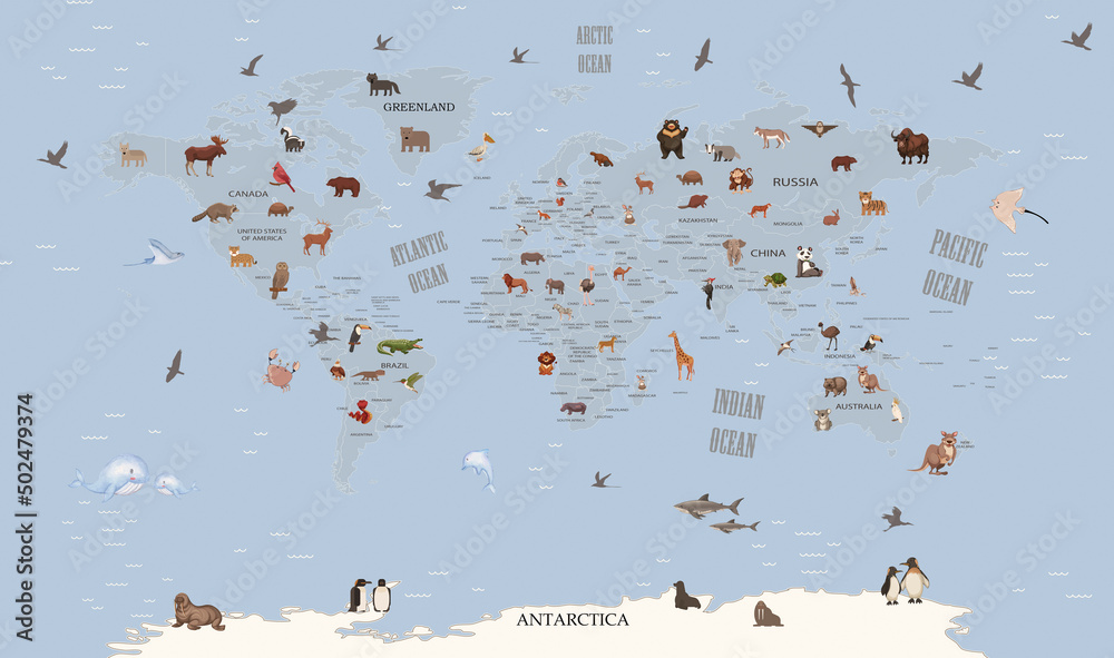 Animals world map for kids wallpaper design Stock Illustration | Adobe ...