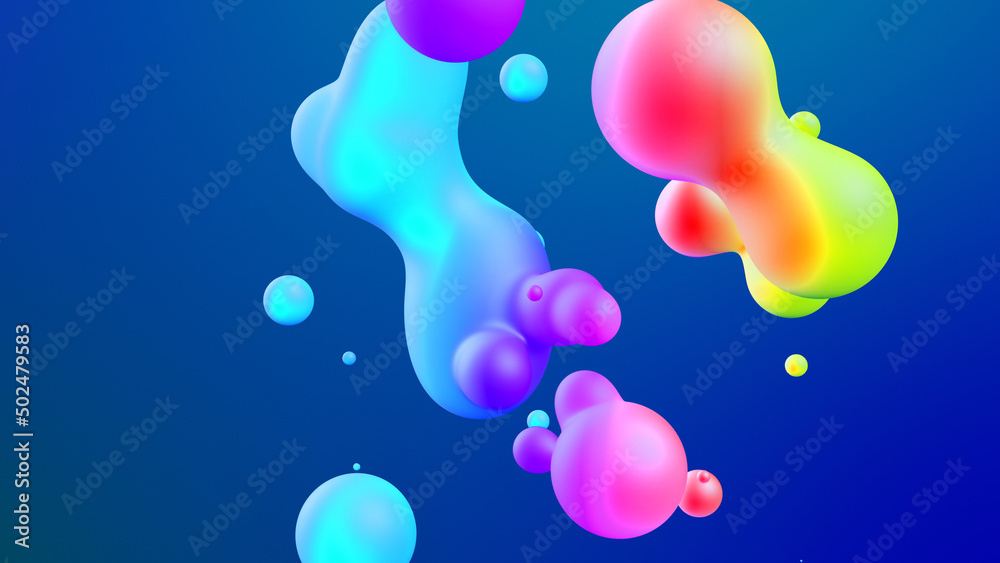 3d render. Spheres or balls merge like liquid wax drops or metaballs in-air. Liquid gradient of ...