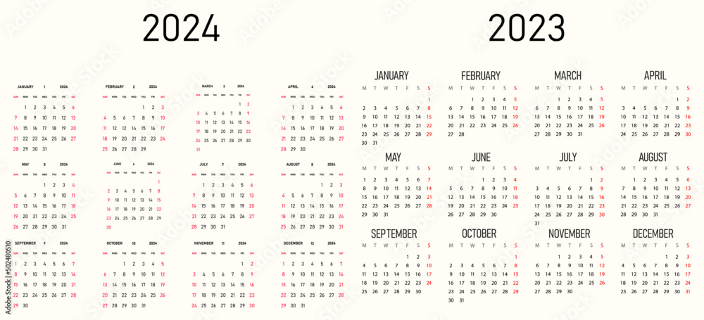 Horizontal vector design of 2024 and 2023 year calendars. 2024 and 2023 ...