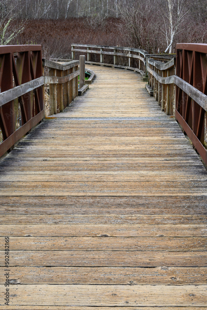 Wood bridge in the Mercer Slough wetland nature park trail system ...