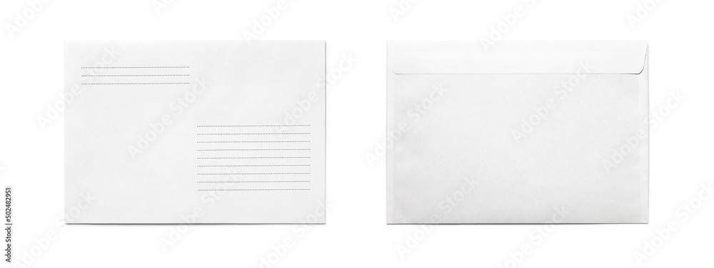 Simple blank white envelope isolated, front and back views. Set of ...