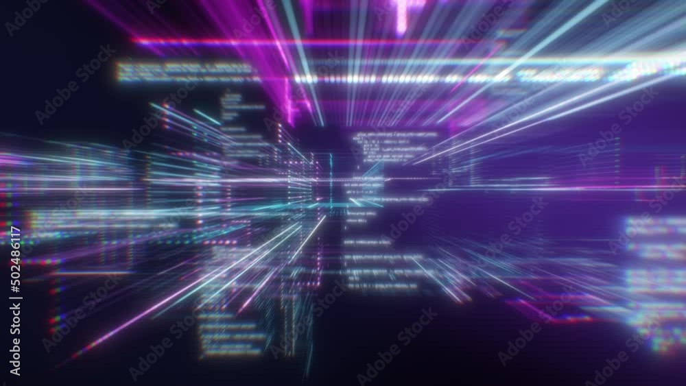 Technology background with abstract digital code motion. Zoom in Software development process ...