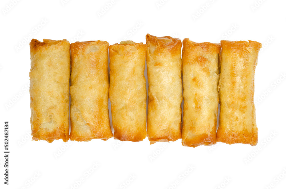 Group of mini spring rolls, ready to eat, in a row, from above. Small ...