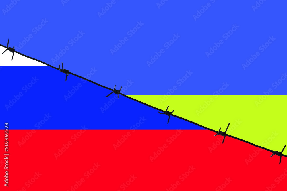 Russian and Ukrainian flags separated by barbed wire. Symbol of ...