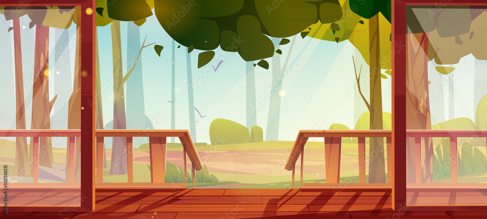 Home terrace with forest view, patio or veranda with wooden floor ...