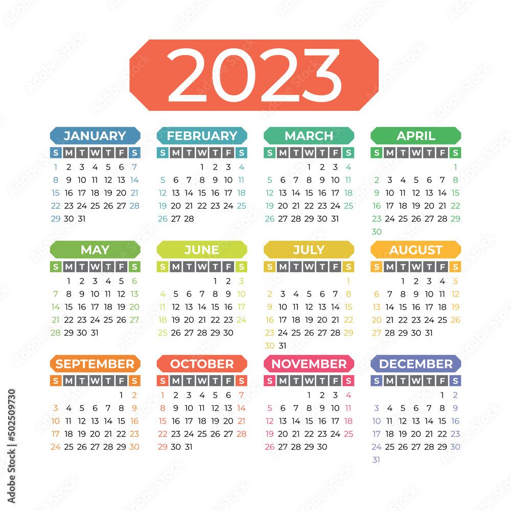 Vektorová grafika „2023 year. Calendar design. English colorful vector ...