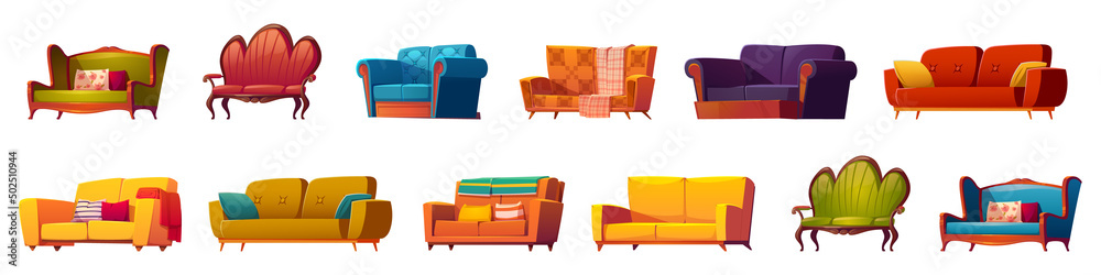 Cartoon couches and sofas furniture isolated set. Classic and modern ...