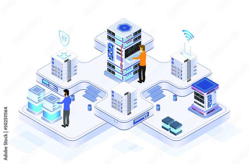 Data center or server room processing data operation with security ...