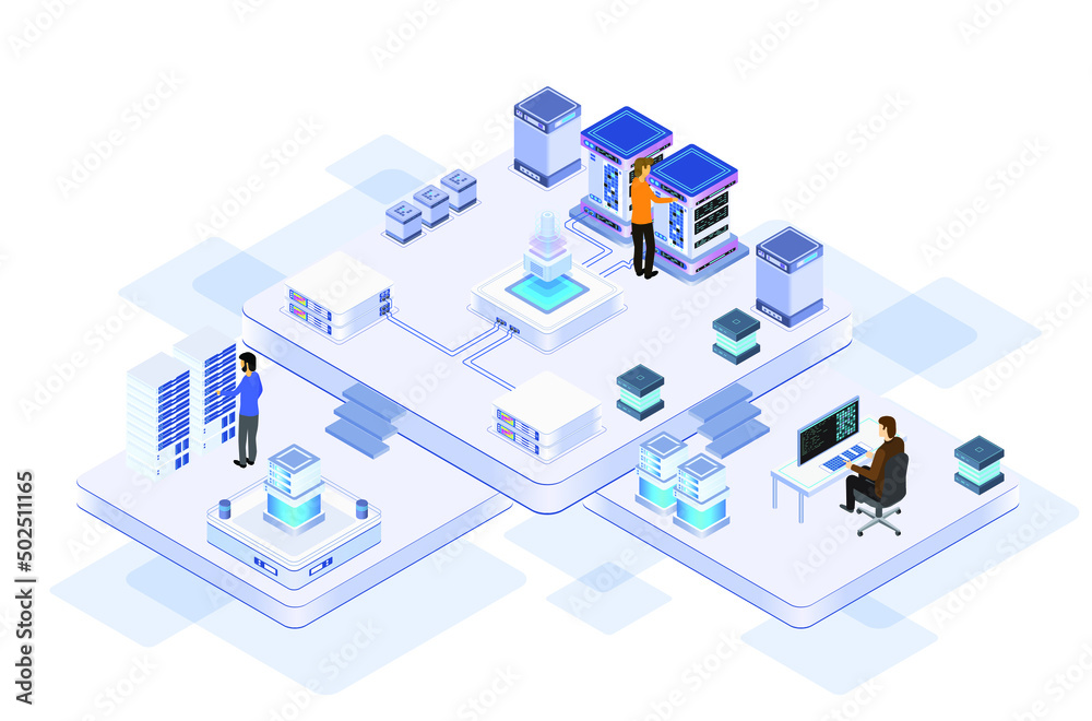Data center or server room processing data operation with security ...
