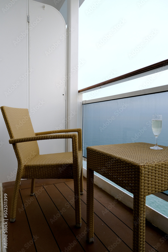 Balcony verandah of luxury cruiseship cruise ship liner stateroom cabin ...
