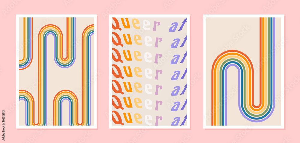 Set of abstract posters with rainbows. Retro wall decor, art print with ...