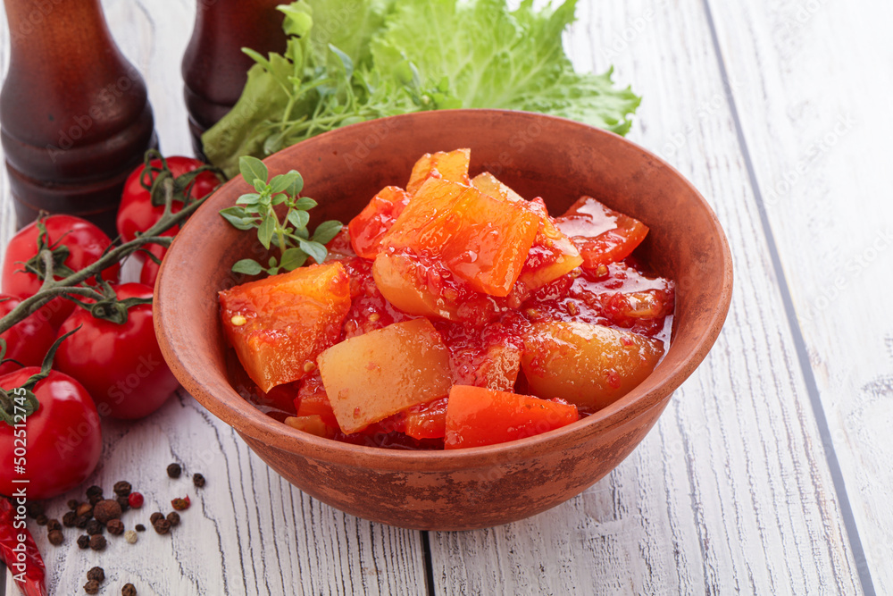Hungarian lecho with tomato and paprika Stock Photo | Adobe Stock