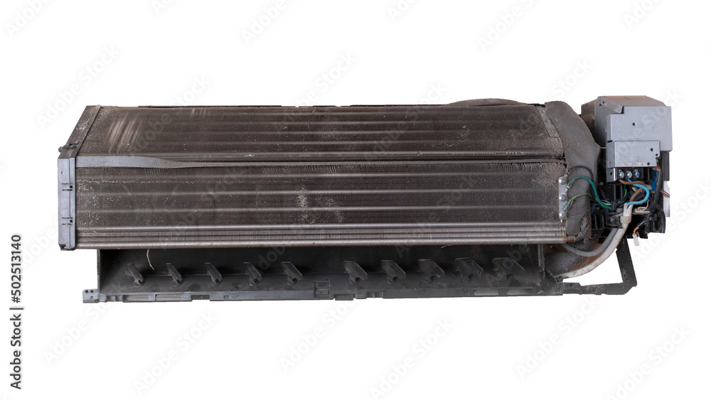 Dirty air conditioner blower fan and coil on white background. The ...