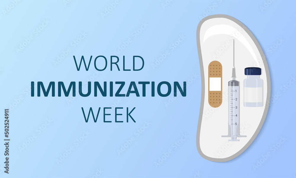 World immunization week. Syringe, vaccine bottle and plaster on blue ...