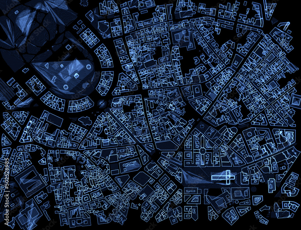 Map of the center of Milan, aerial view of buildings and houses ...