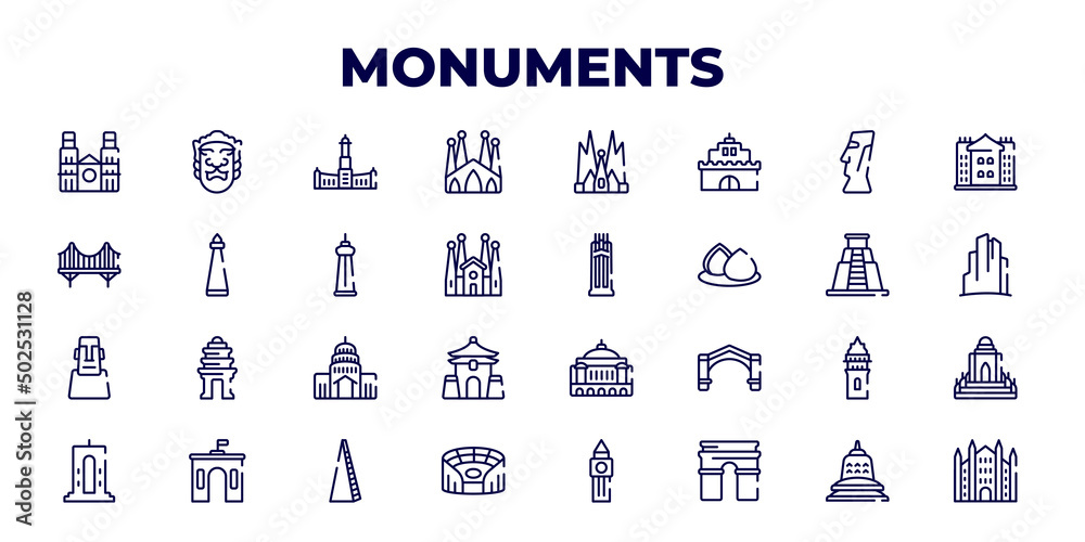 outline monuments icons set. thin line icons such as notre dame ...