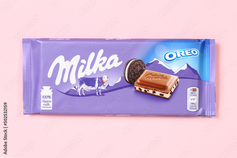 Milka Oreo chocolate bar on pink background Stock Photo | Adobe Stock