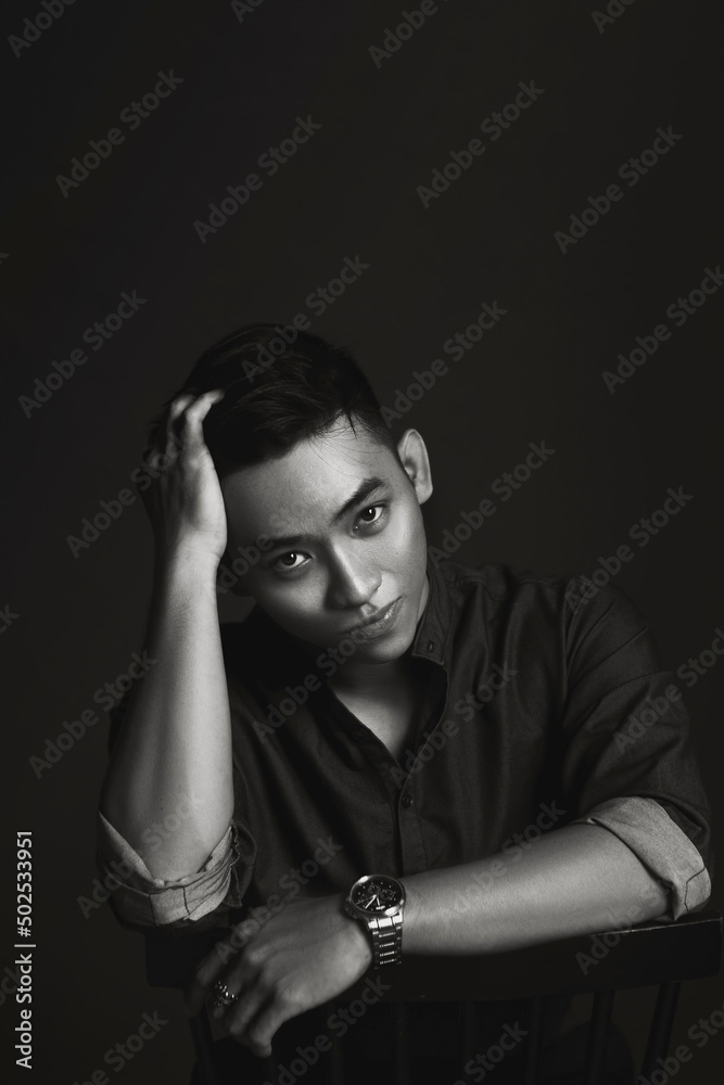 Black and White portrait of handsome Asian male model with beautiful ...