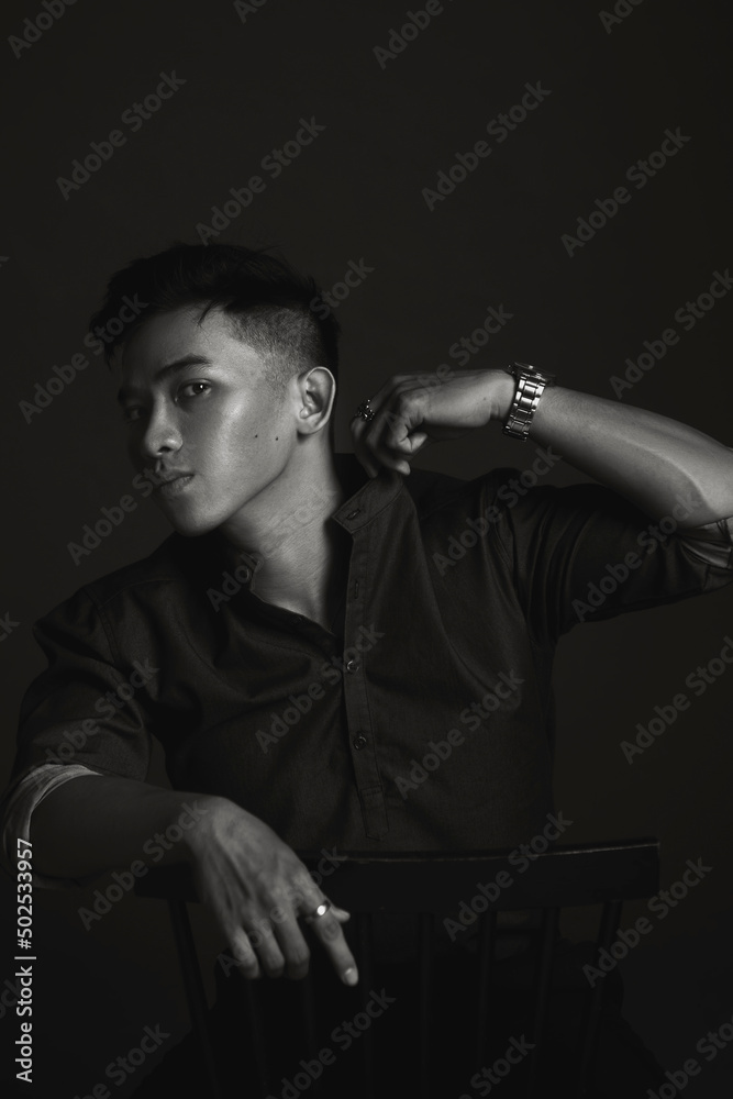 Black and White portrait of handsome Asian male model with beautiful ...