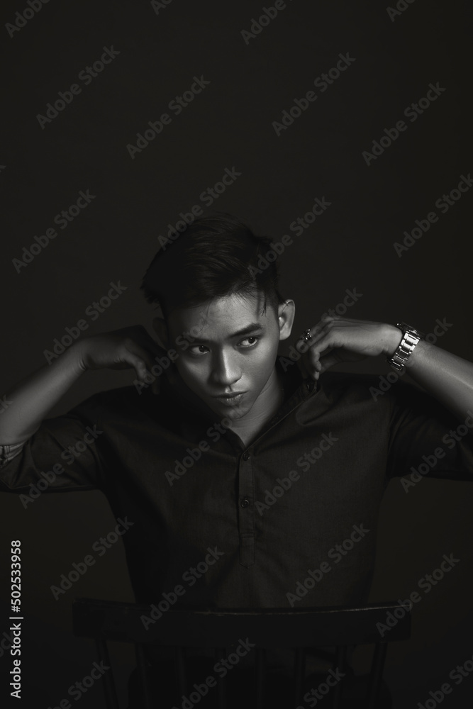 Black and White portrait of handsome Asian male model with beautiful ...