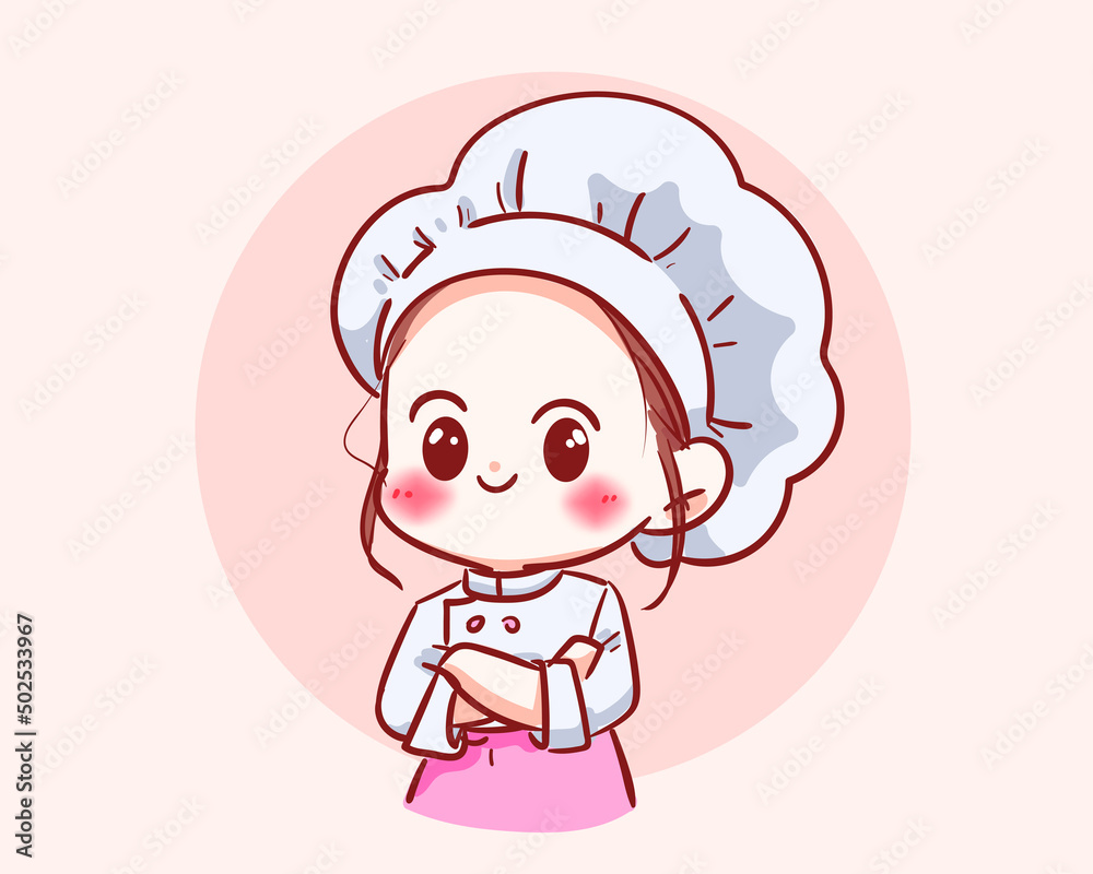 Cute chef girl in uniform character smiling stand with arms crossed ...