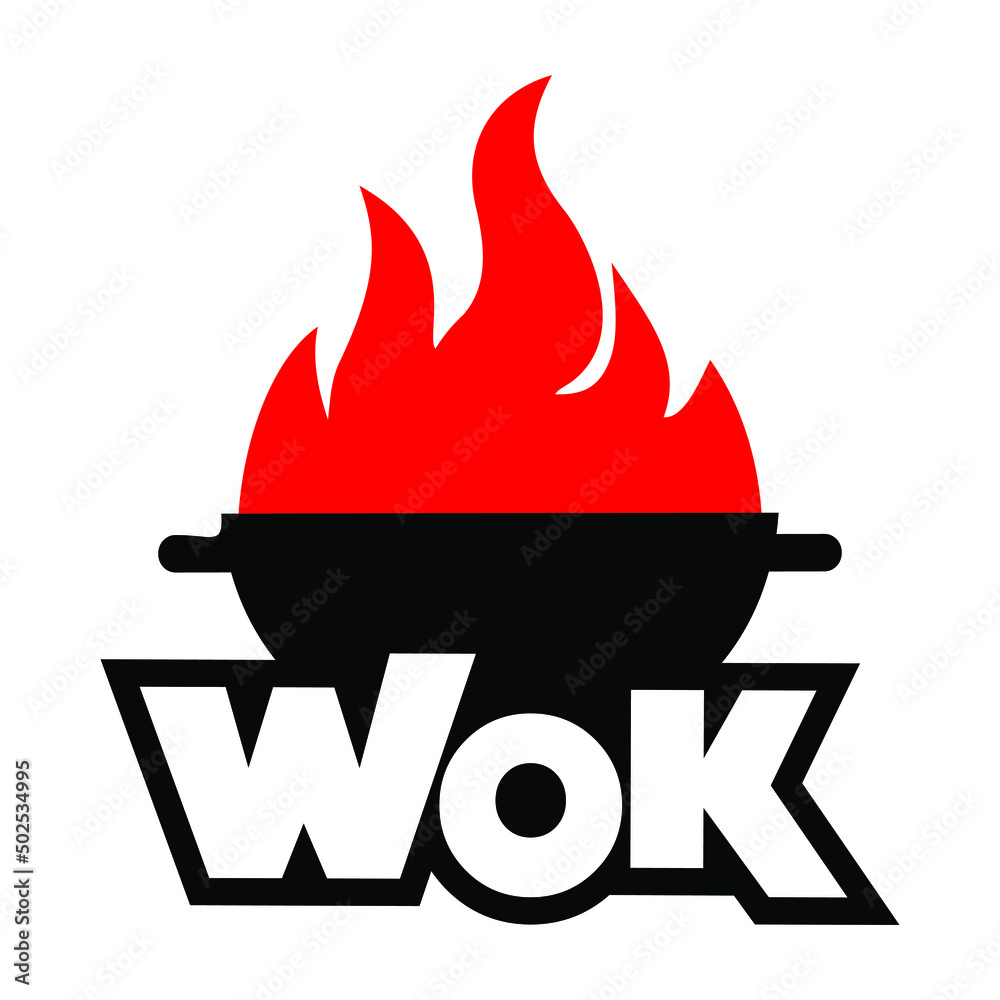 The inscription wok, frying pan and fire. Wok Asian cuisine logo for ...