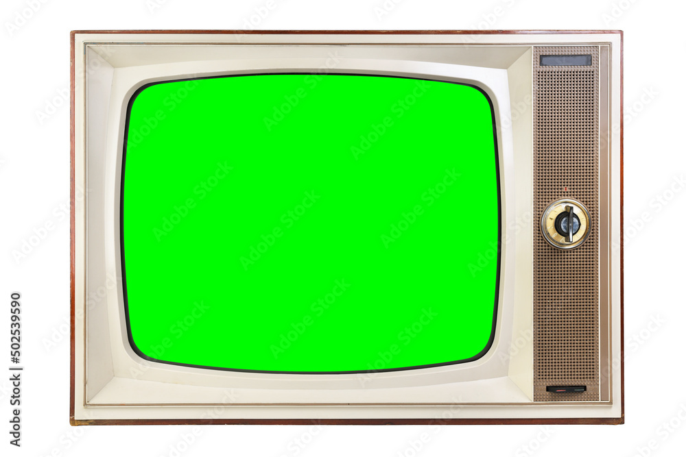 Old vintage 1970s TV with green screen for adding video isolated on ...