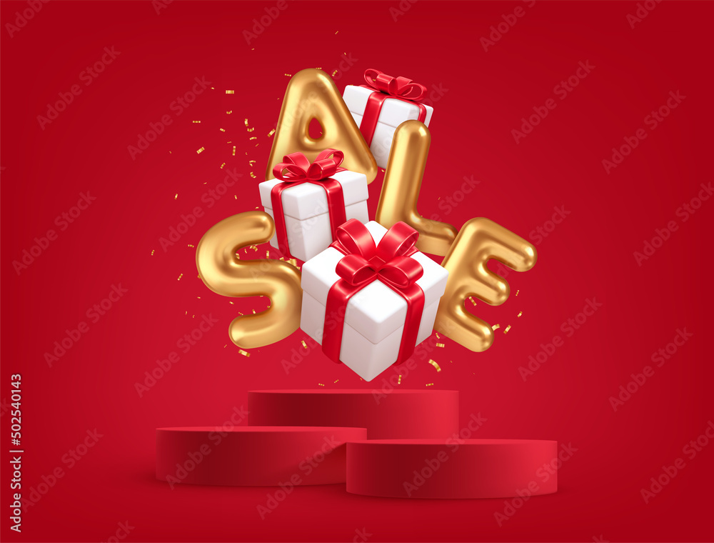 Realistic 3d gift boxes with red gift bows and Gold word Sale in the ...