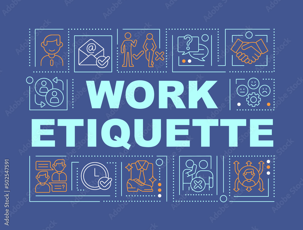 Work etiquette word concepts dark blue banner. Workplace manners and ...