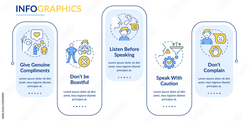 Basic etiquette rules blue rectangle infographic template. Set of norms ...
