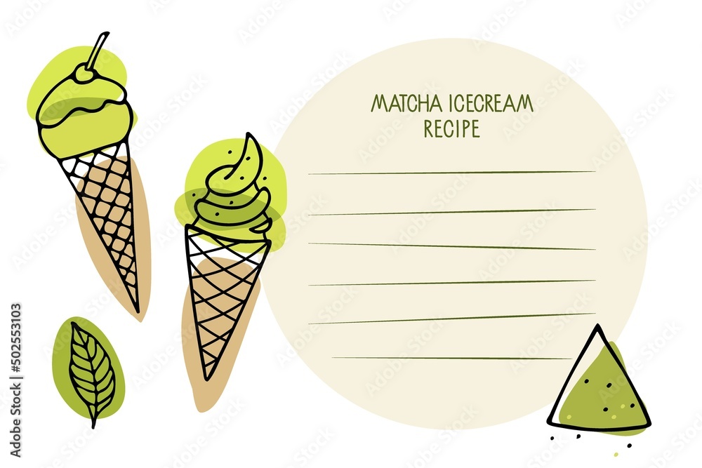 Matcha ice cream Recipe. Ice creme cone, template for recipe, tea ...
