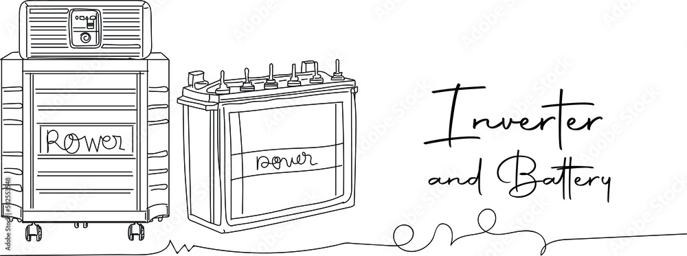 Outline sketch drawing of Inverter and Battery set, line art ...